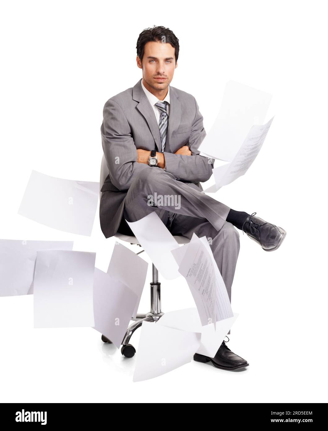 Portrait, arms crossed and business man with documents isolated on a ...