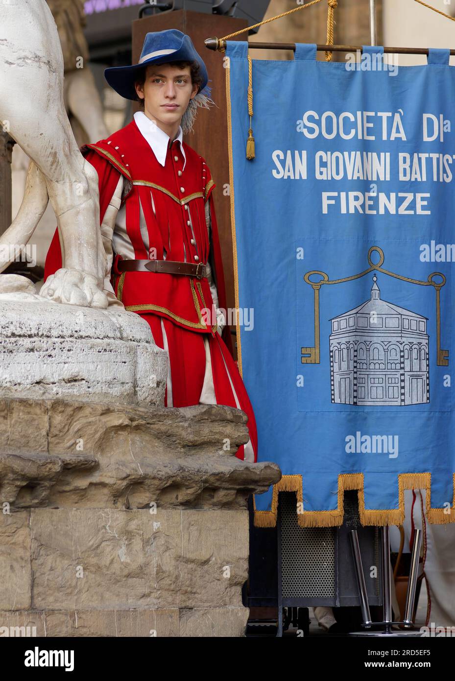 Young man in Florentine Renaissance traditional costume of the Sosieta ...