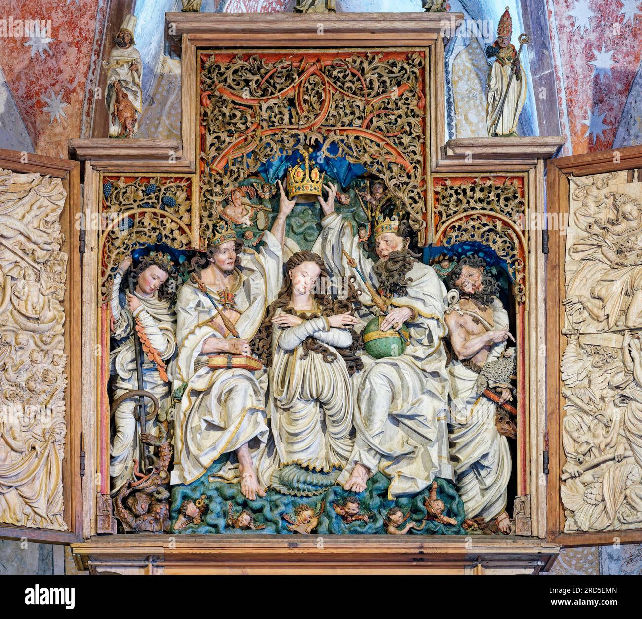 Altarpiece, Coronation of Mary by Jesus and God the Father, carved ...