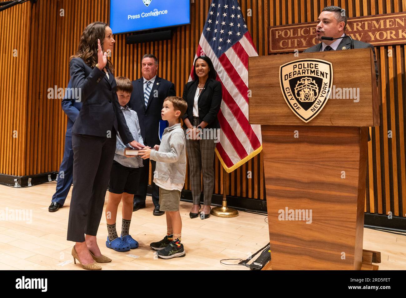 Rebecca Weiner takes an oath at public safety announcement by Mayor ...