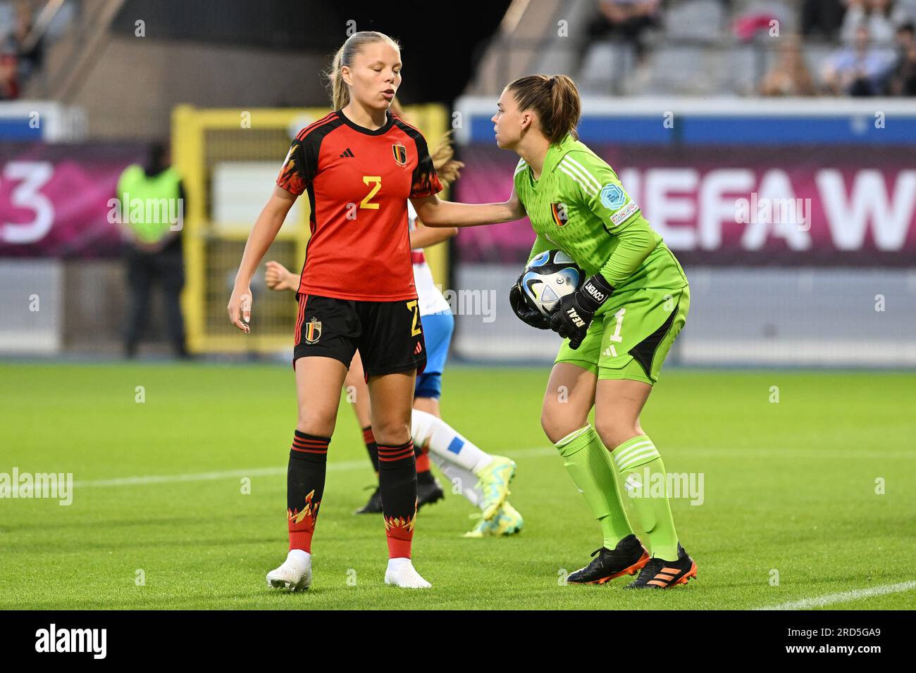 Leuven, Belgium. 18th July, 2023. Amy Littel (2) of Belgium pictured with goalkeeper Jorijn ...