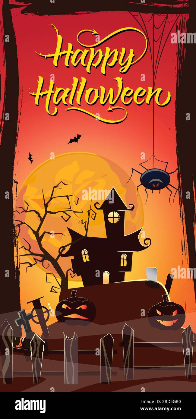 Happy Halloween lettering. Haunted house, pumpkins and spider Stock ...