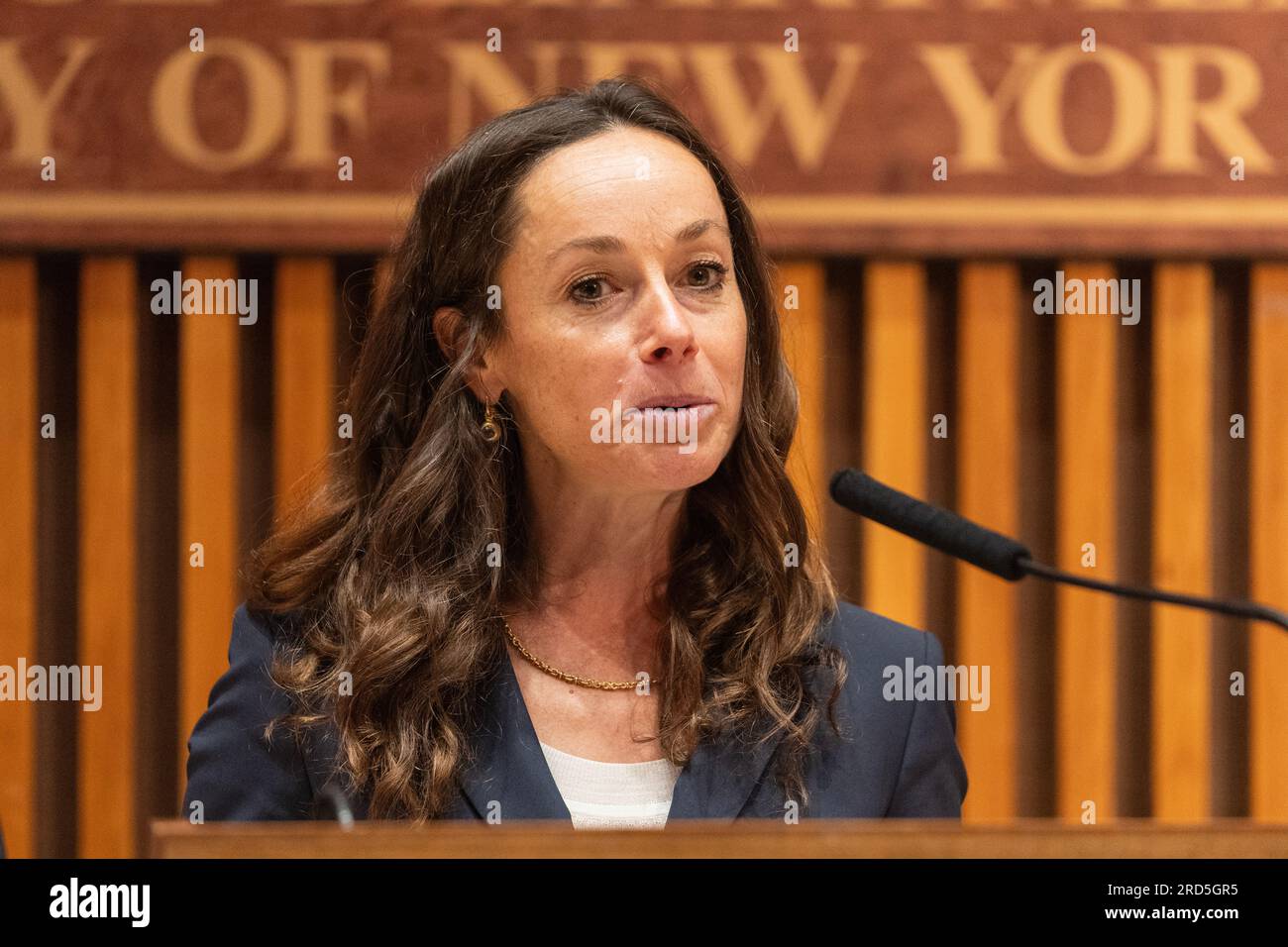 Rebecca Weiner speaks at public safety announcement by Mayor Eric Adams ...