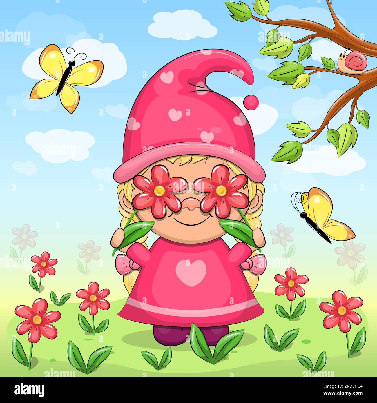 Cute cartoon gnome girl in nature. Vector illustration of a dwarf woman ...