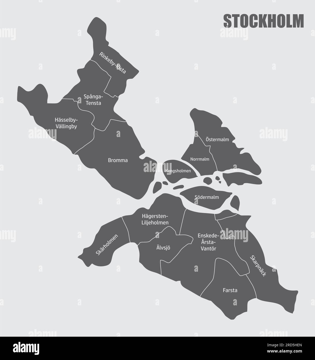 Stockholm city, administrative map isolated on gray background Stock ...