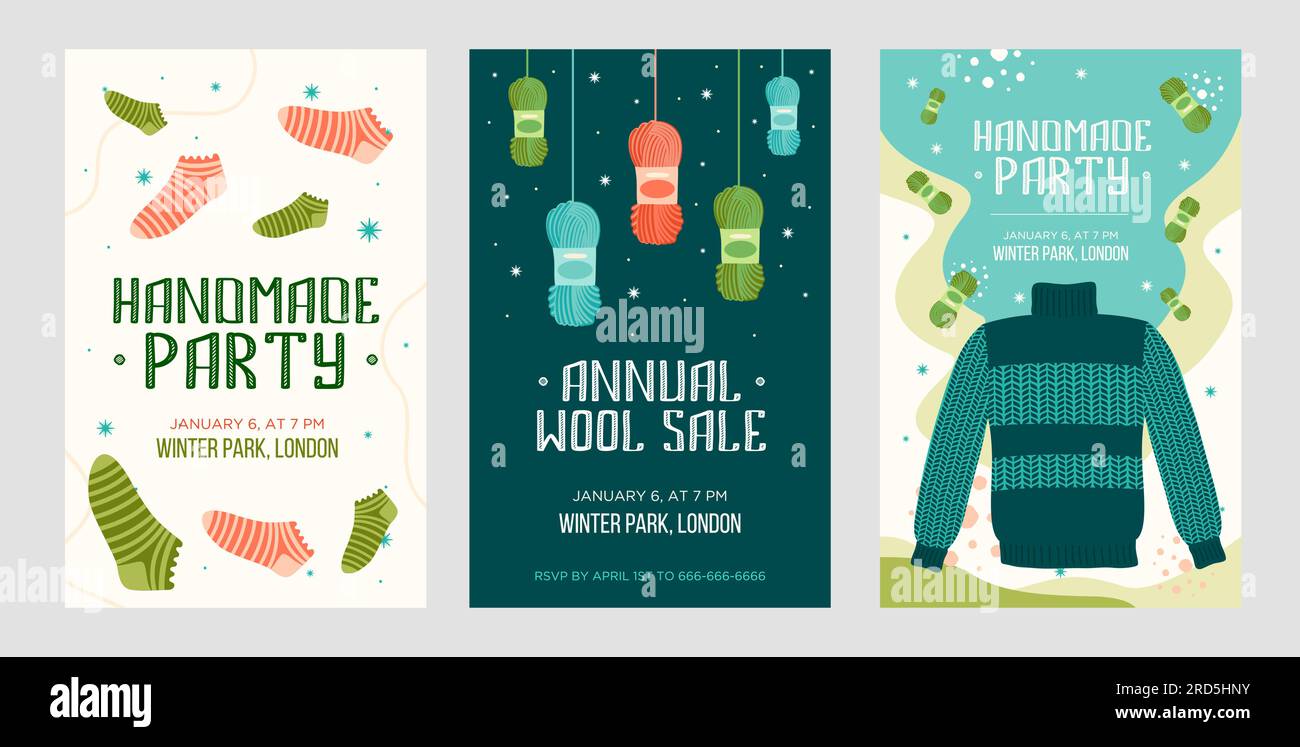 Party invitation cards set with knitted handmade clothes Stock Vector ...