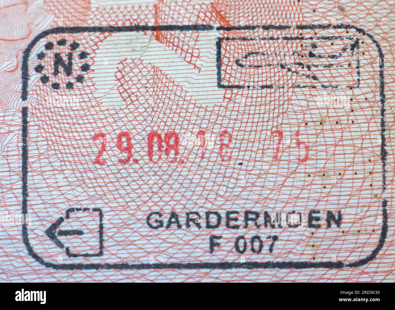 Norway border crossing stamp in an open passport. Gardermoen, Norway ...