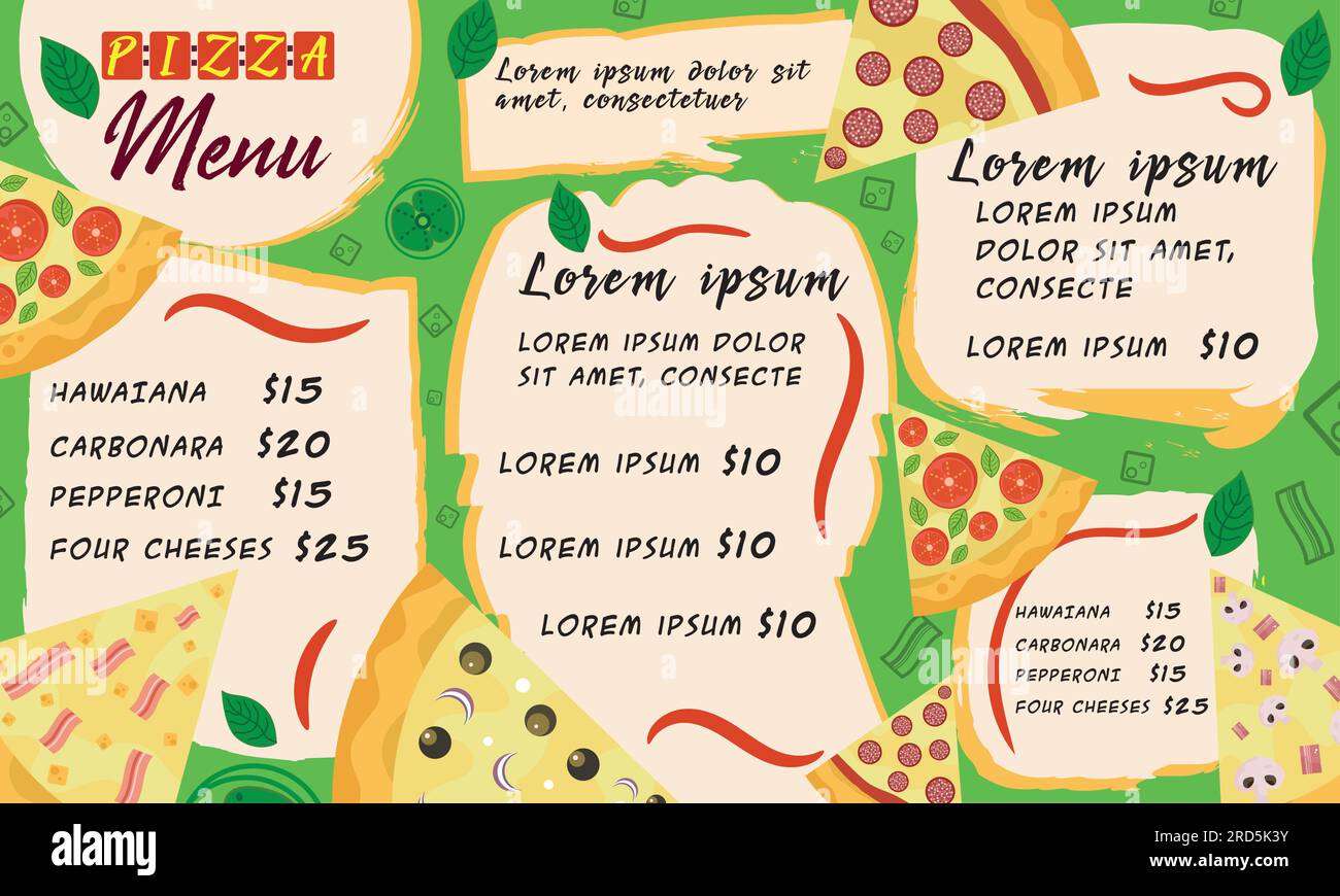 Colored pizza menu with different items Vector Stock Vector Image & Art ...