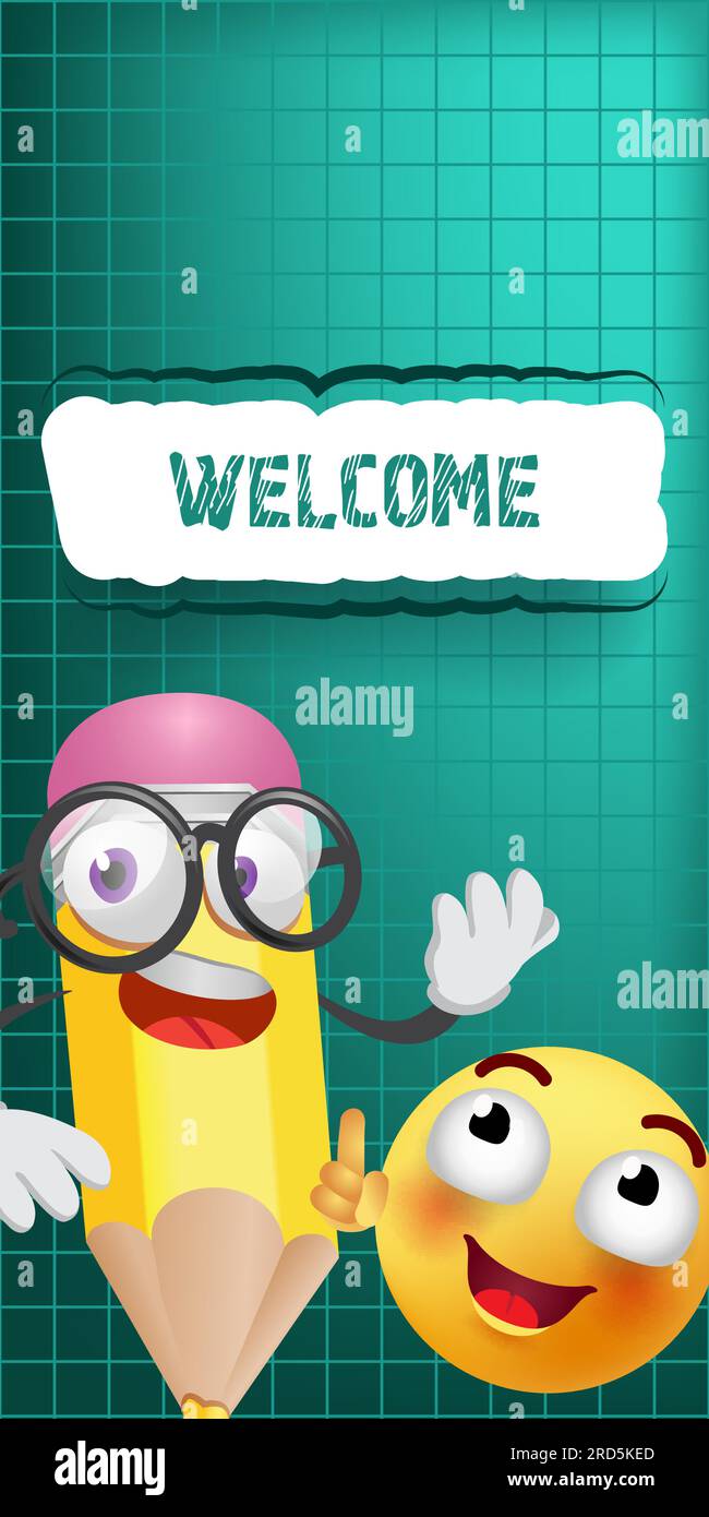Welcome lettering with cartoon pencil character and smiley Stock Vector ...