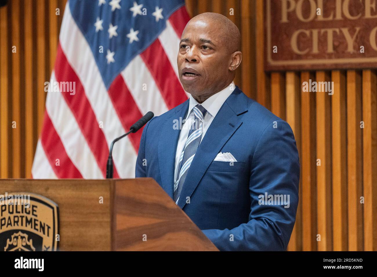 New York, United States. 18th July, 2023. Mayor Eric Adams speaks at ...