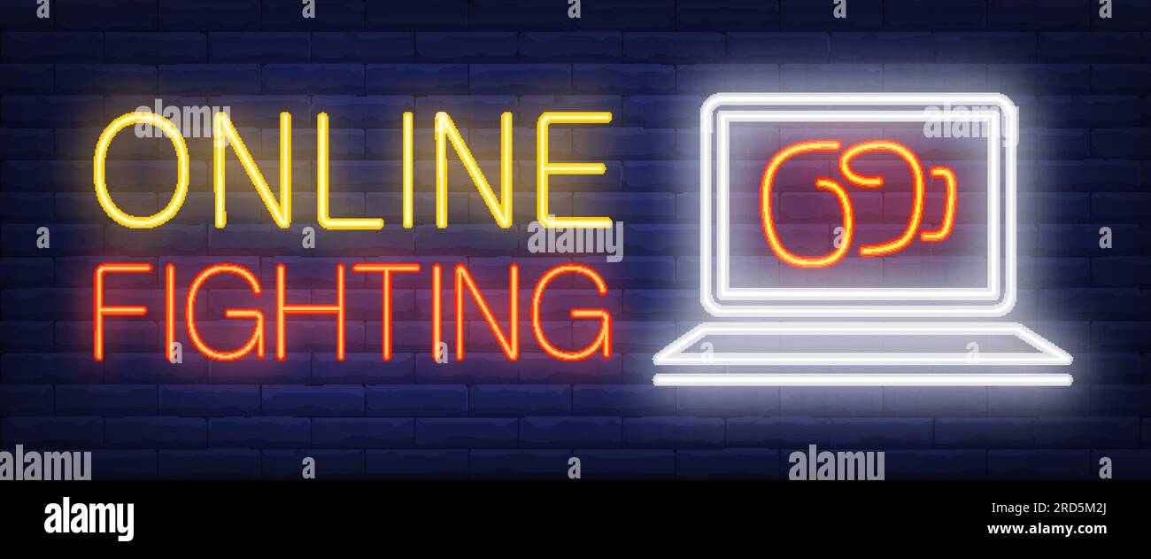 Online fighting neon text with boxing glove on laptop screen Stock ...