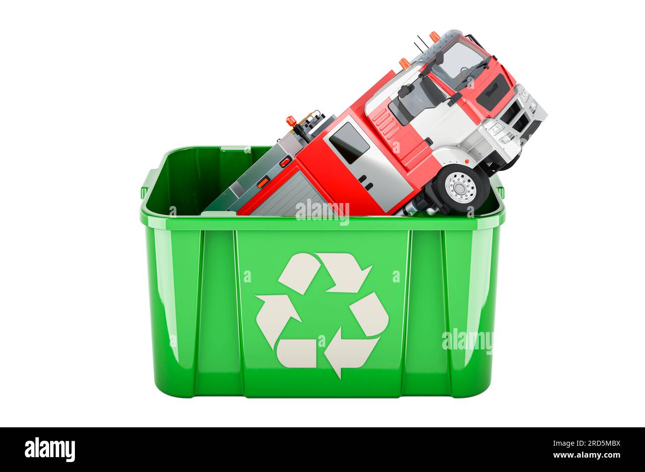 Recycling trashcan with fire truck, 3D rendering isolated on white ...