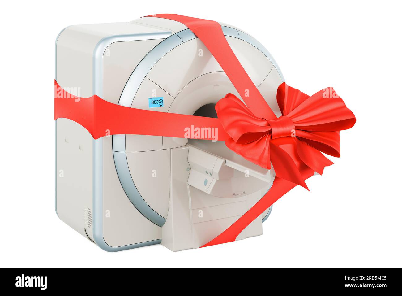 MRI Magnetic Resonance Imaging Scanner with red ribbon and bow, present ...
