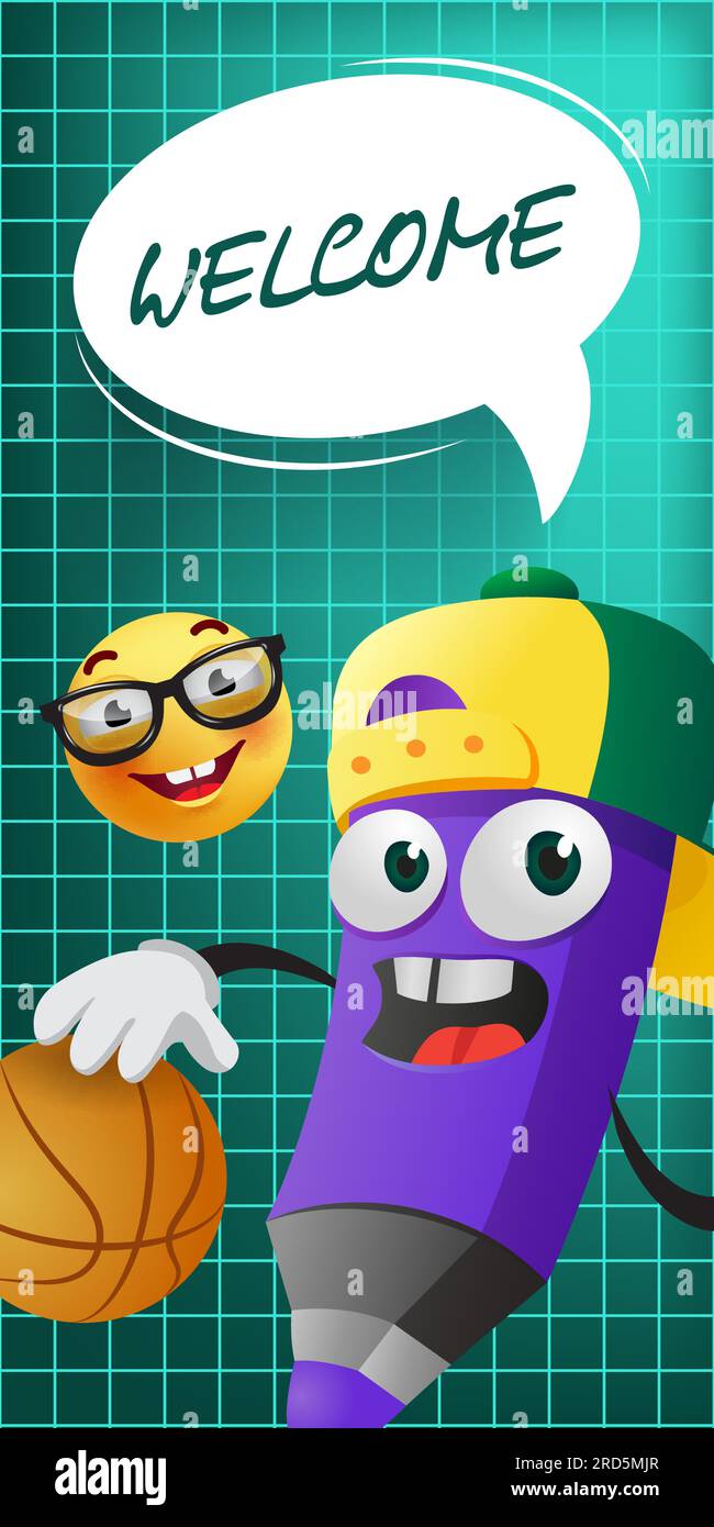 Welcome lettering with cartoon pencil character and basketball Stock ...