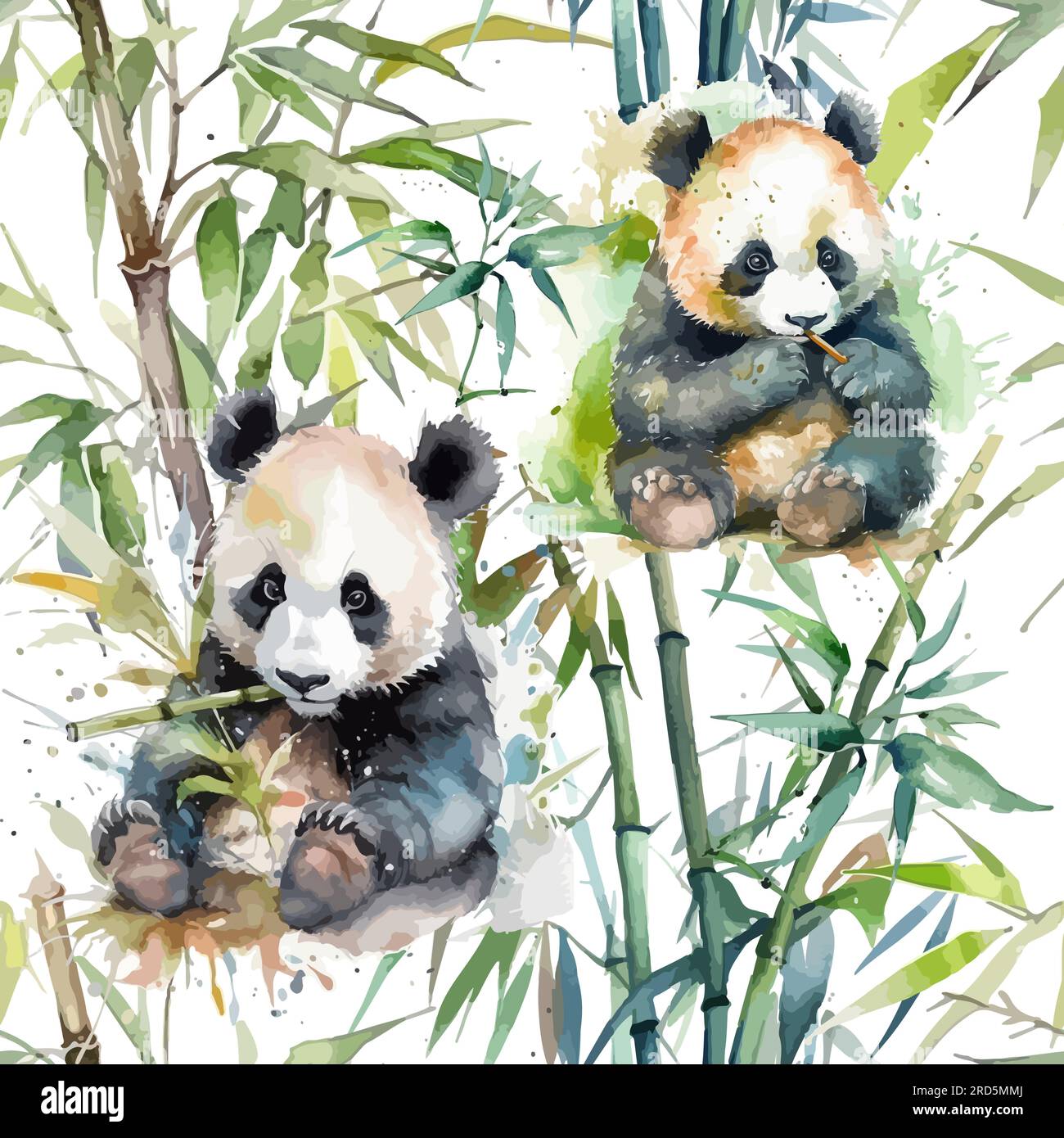 Seamless pattern cute panda and cane. Watercolor background. Vector ...