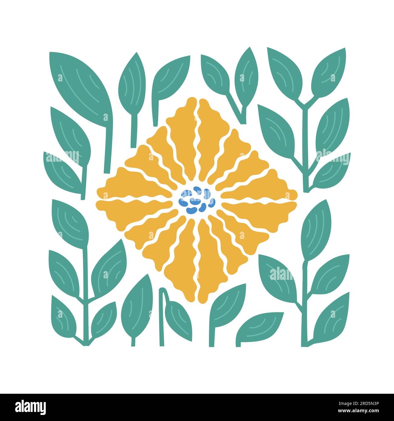 Modern trendy poster with musrard yellow wavy flower. Square groovy ...