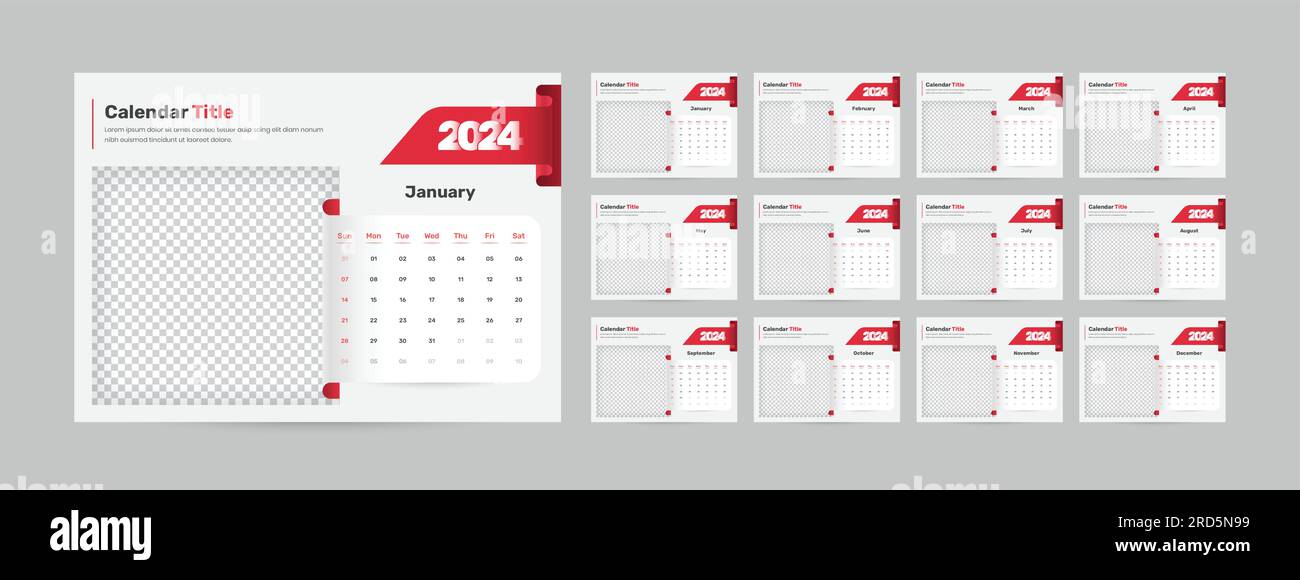 Modern red color desk calendar template of 2024 with accurate date ...