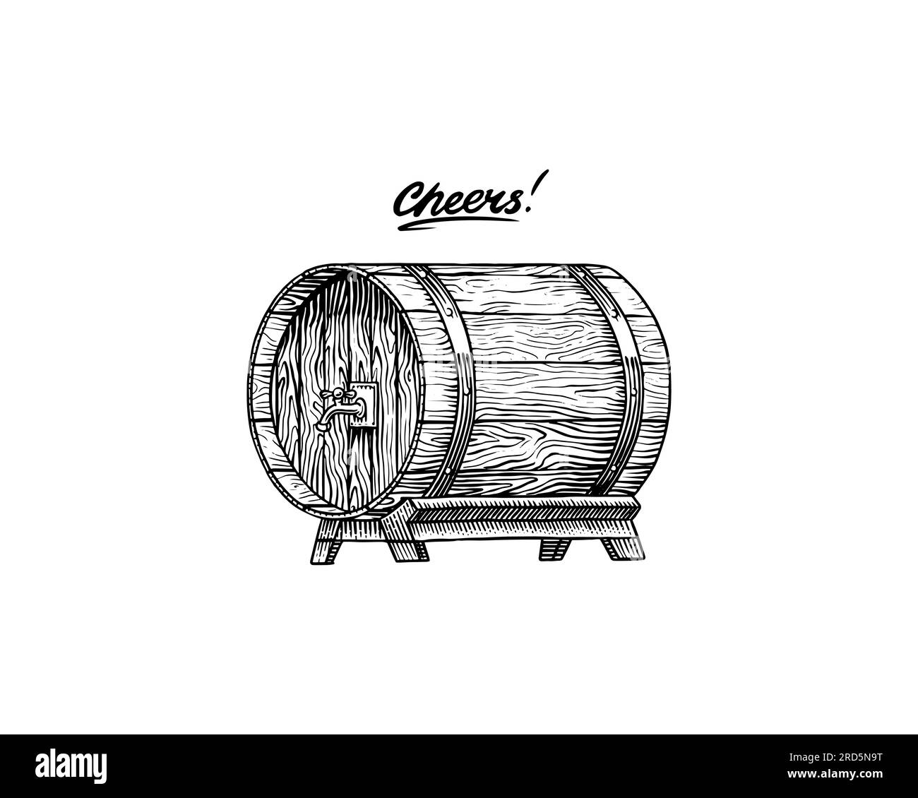 Wine or rum, beer classical wooden barrel. engraved in ink hand drawn ...