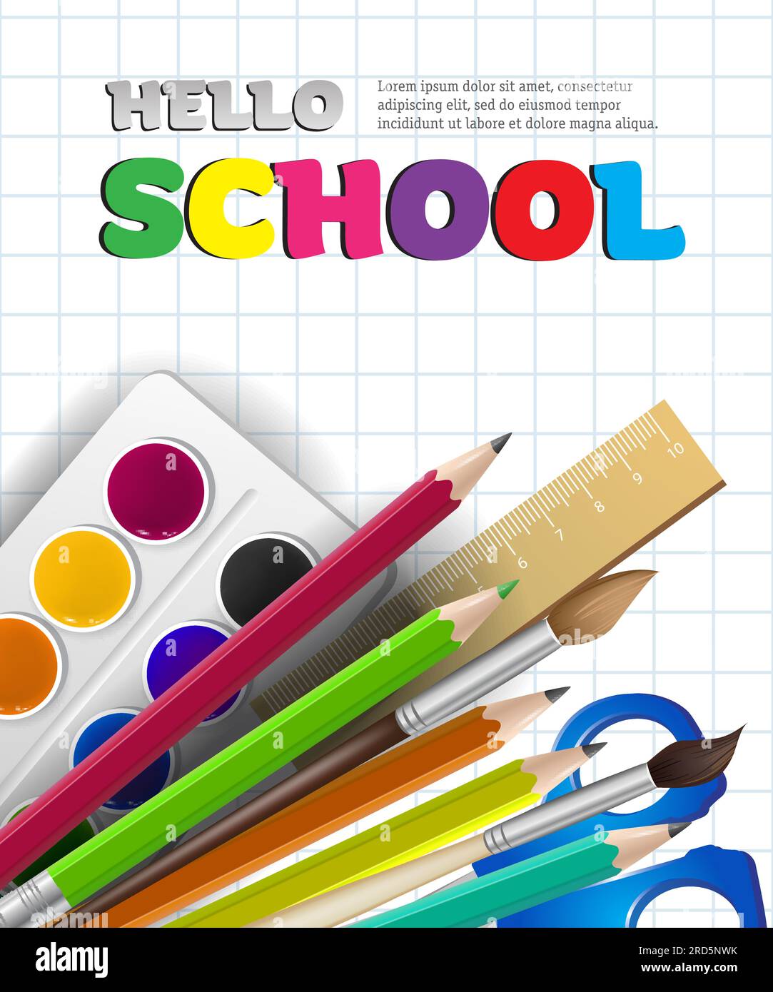 Hello school lettering with pencils, paints and ruler Stock Vector ...