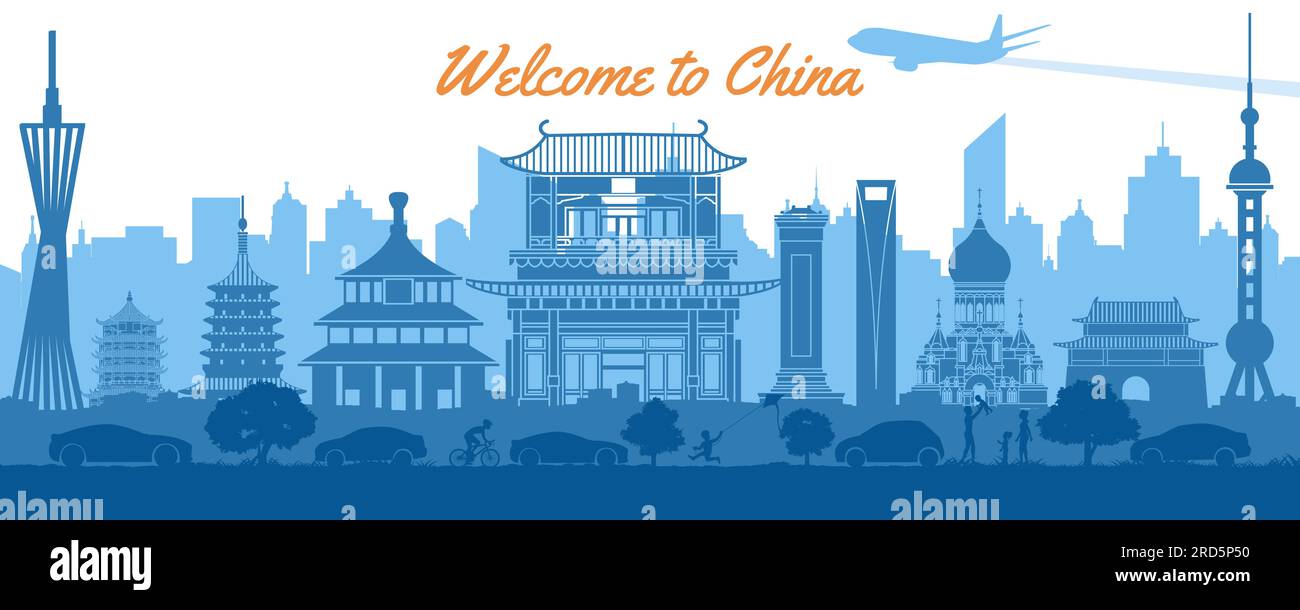 China famous landmark silhouette style with blue and white color,vector ...