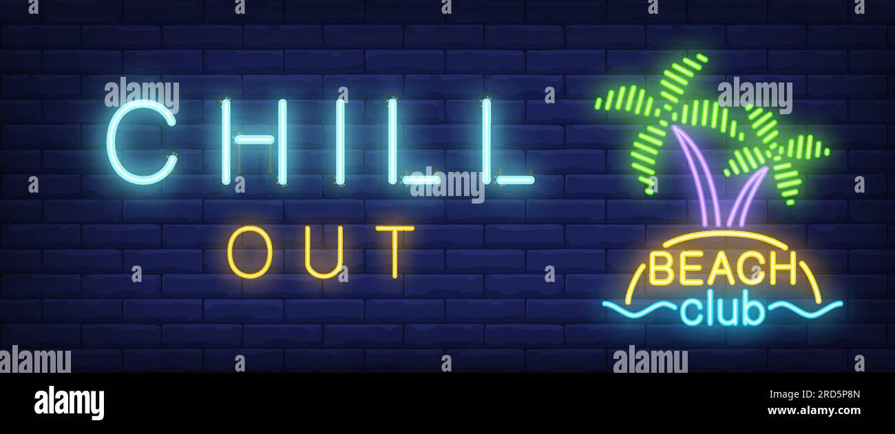 Chill out, beach club neon text with palm trees Stock Vector Image ...