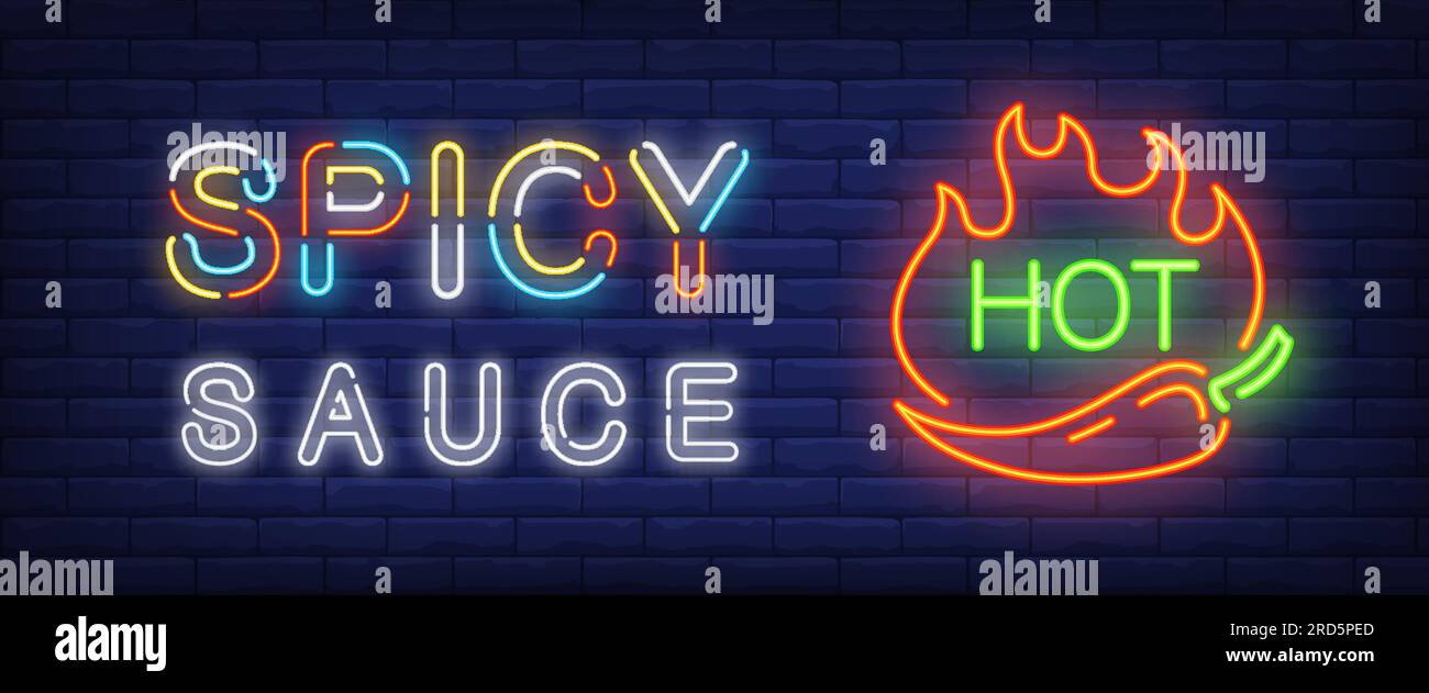Spicy sauce, hot neon text with chili pepper and fire flames Stock ...