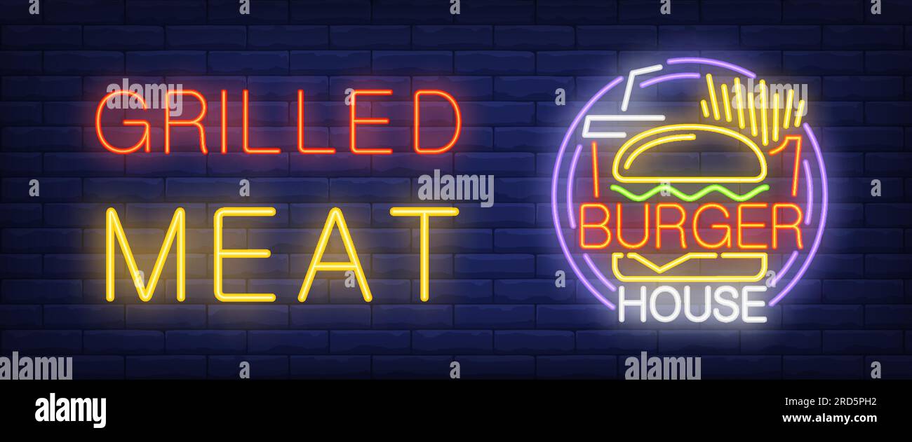 Grilled meat, burger house neon text, hamburger Stock Vector Image ...