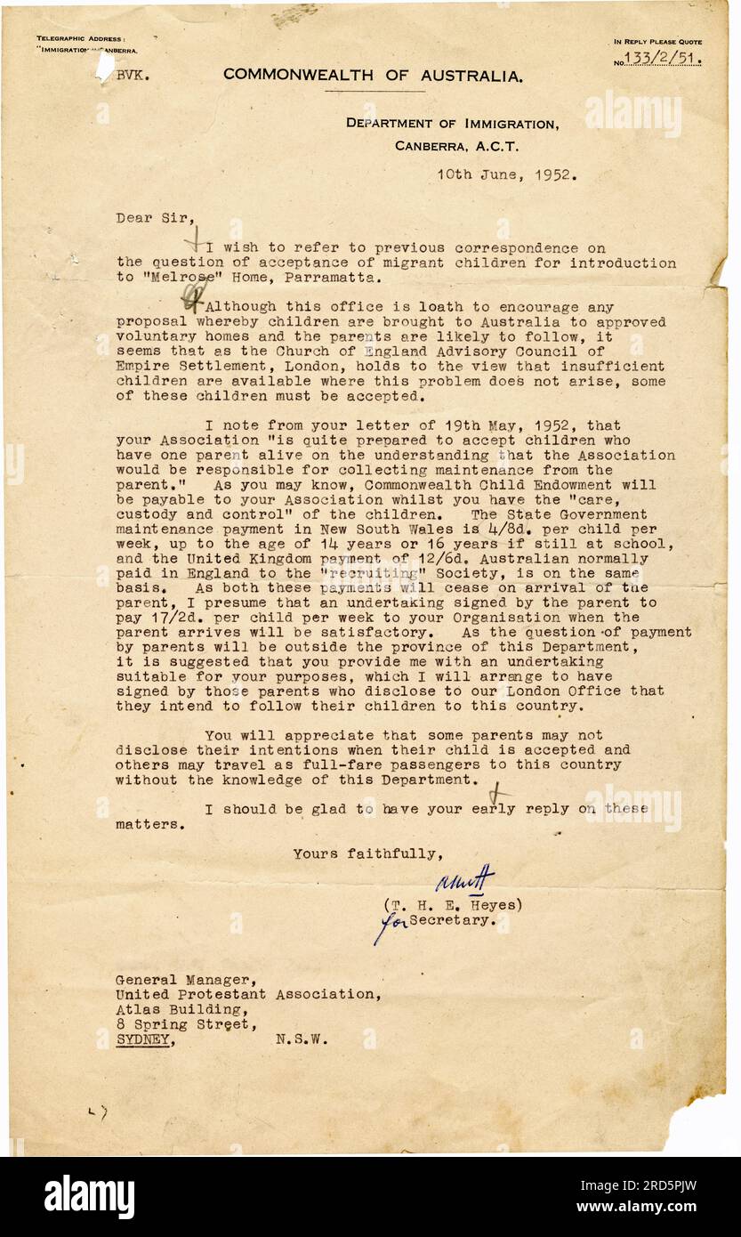 HISTORICAL LETTER DATED JUNE 1952 IN REGARD TO ACCEPTANCE OF MIGRANT ...