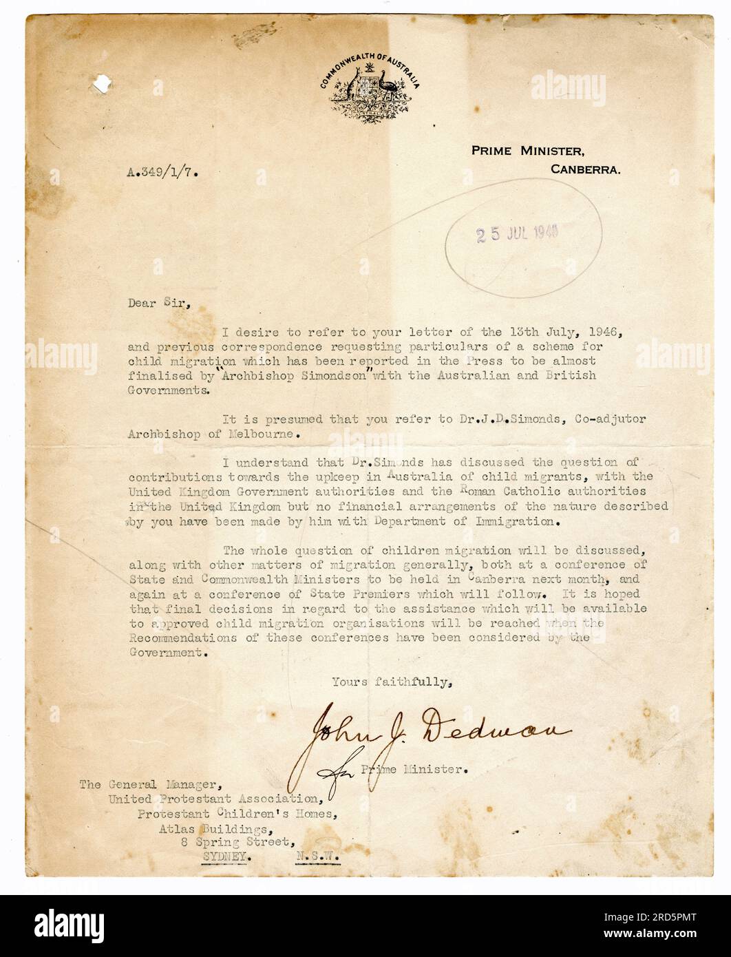 HISTORICAL LETTER FROM THE AUSTRALIAN PRIME MINISTERS OFFICE REGARDING ...