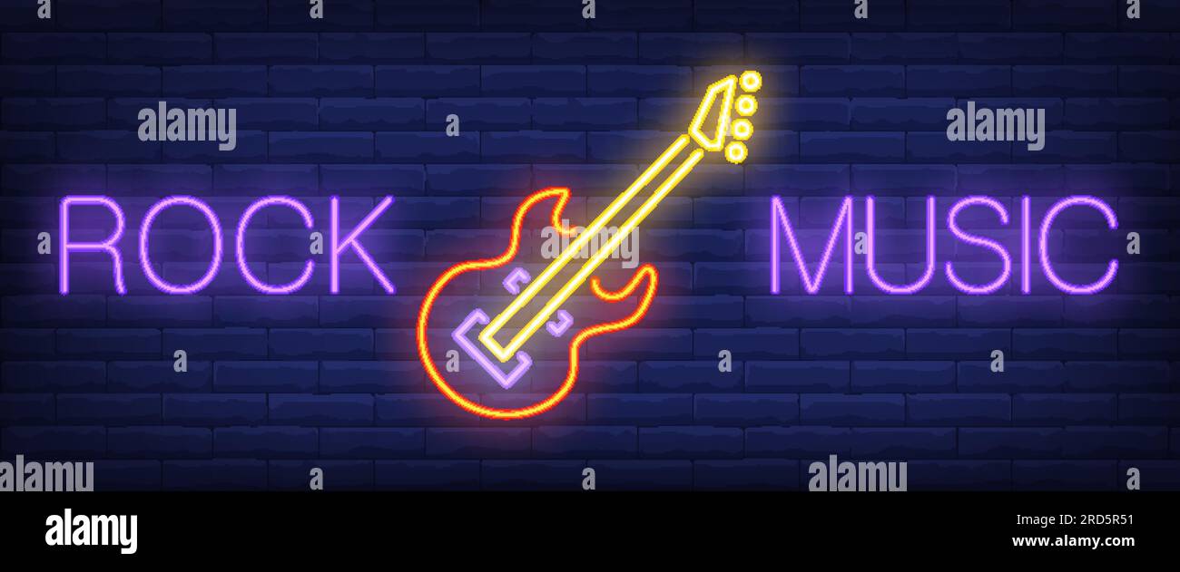 Rock music neon text with guitar Stock Vector Image & Art - Alamy