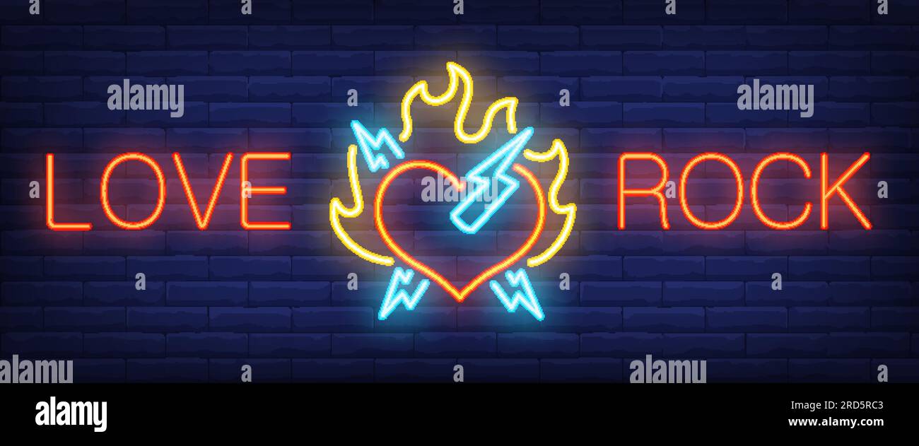 Love, rock neon text with heart on fire and lightning Stock Vector ...