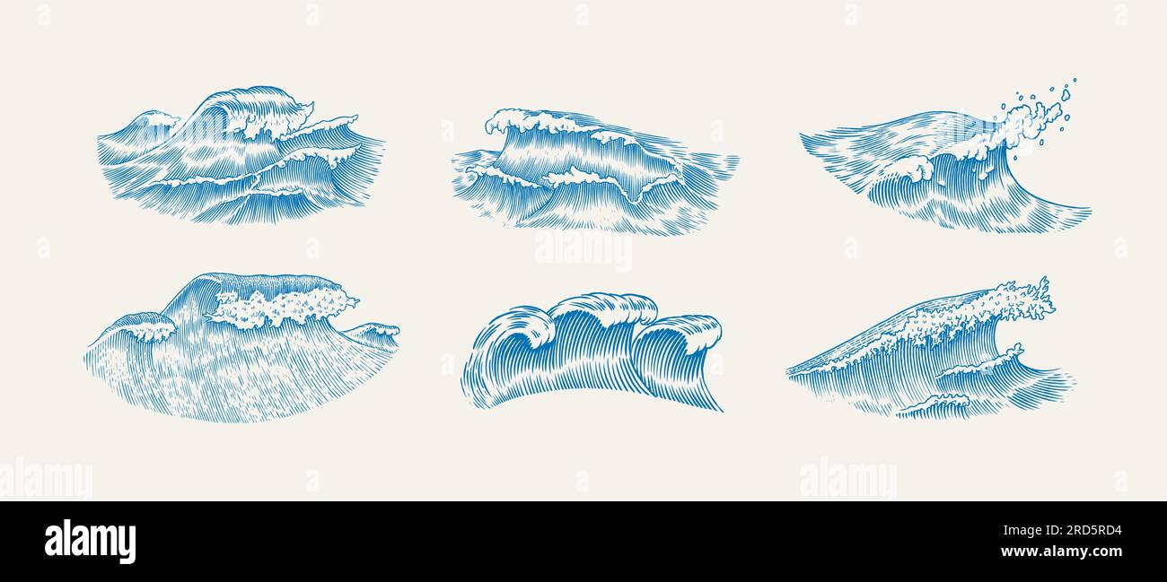 Atlantic tidal waves. Vintage old engraved hand drawn labels. Marine ...