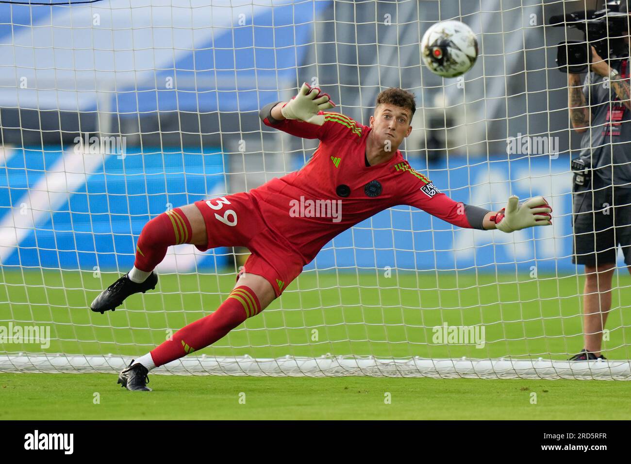 Crown Legacy FC goalkeeper Isaac Walker competes during a goalie wars ...