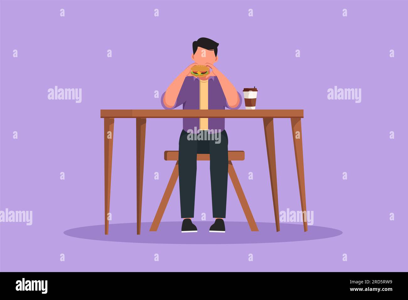 Graphic flat design drawing of happy man holding and eating hamburger ...