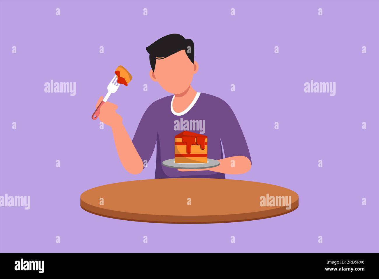 Character flat drawing young man eating creamy birthday cake at table ...