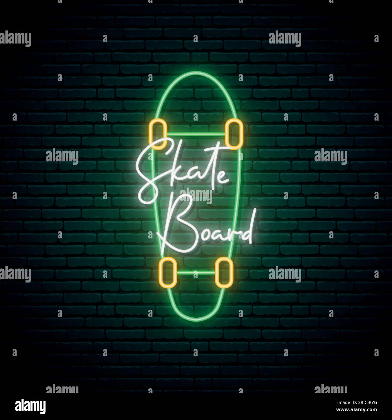 Neon skateboard sign. Glowing skateboard on brick wall background ...