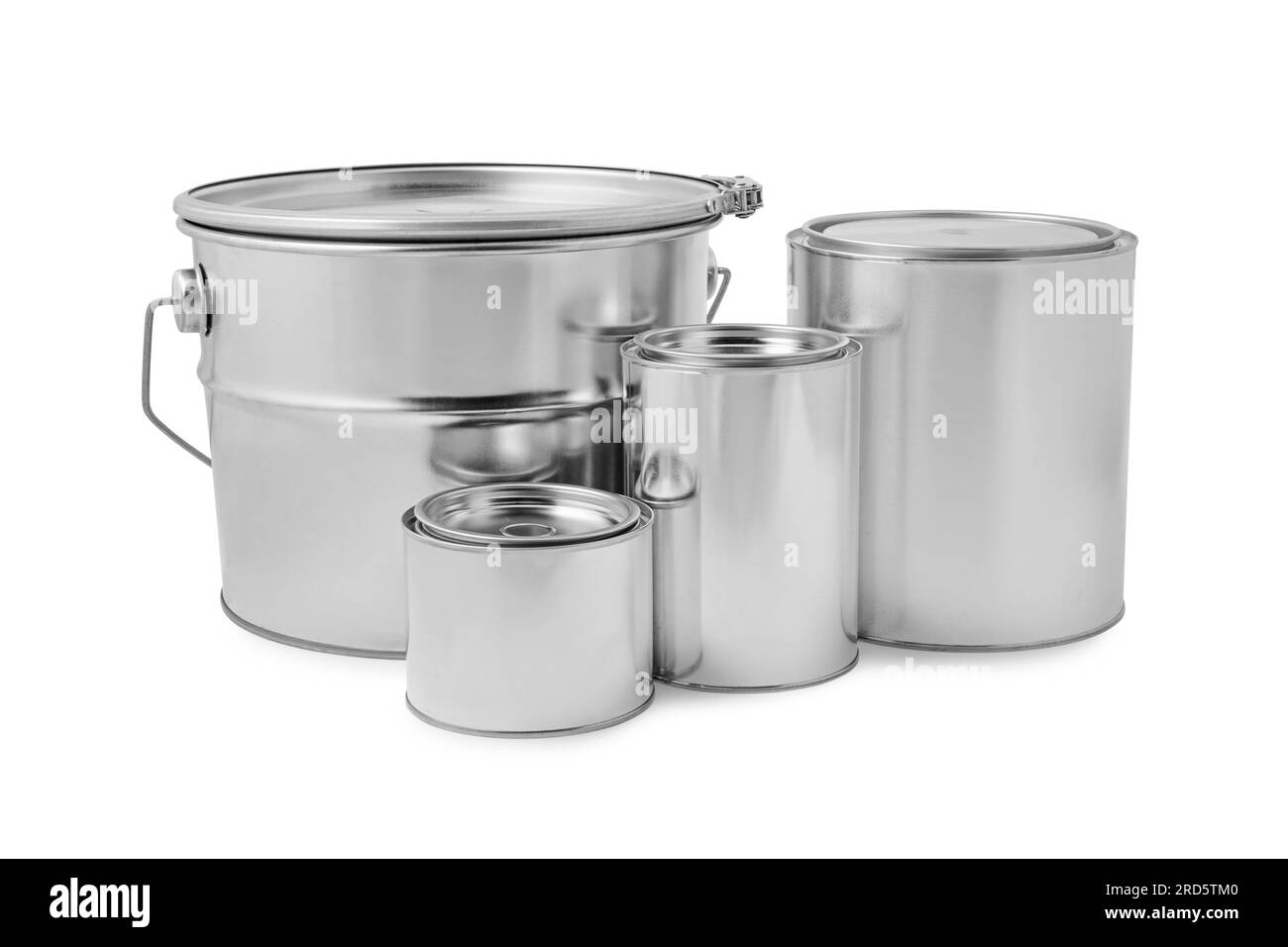 New metal paint cans and bucket on white background Stock Photo - Alamy
