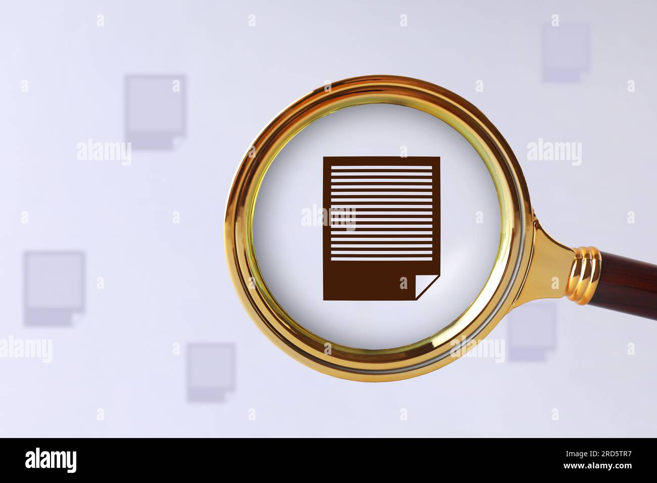 Illustrations of document on white background, view through magnifying ...