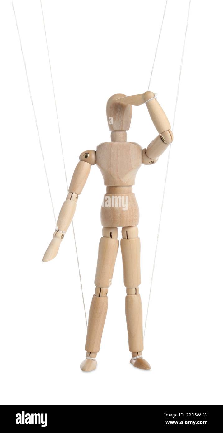 One wooden puppet with strings on white background Stock Photo - Alamy