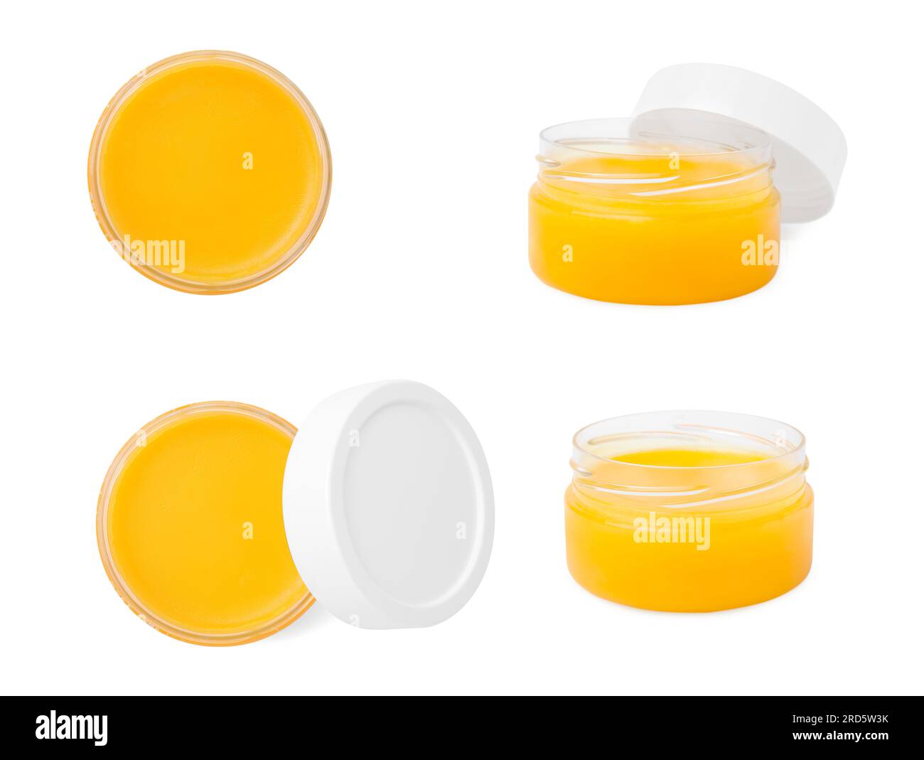 Collage with yellow petroleum jelly in jar on white background, top and ...