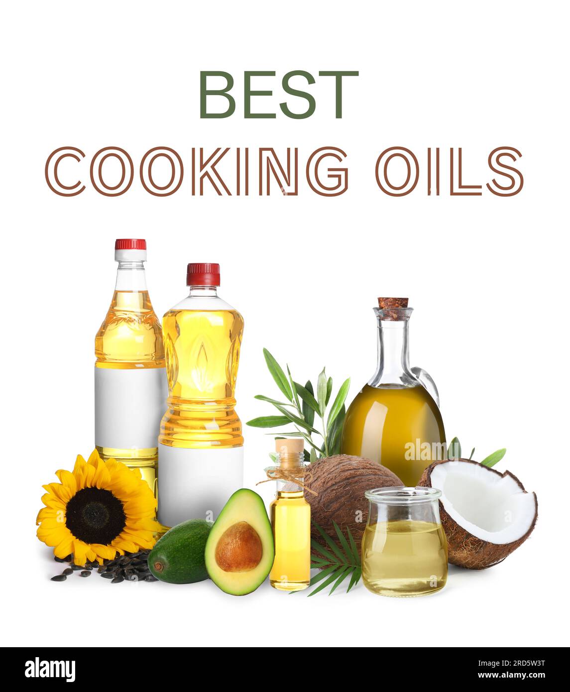 Best for cooking. Different oils and ingredients on white background ...