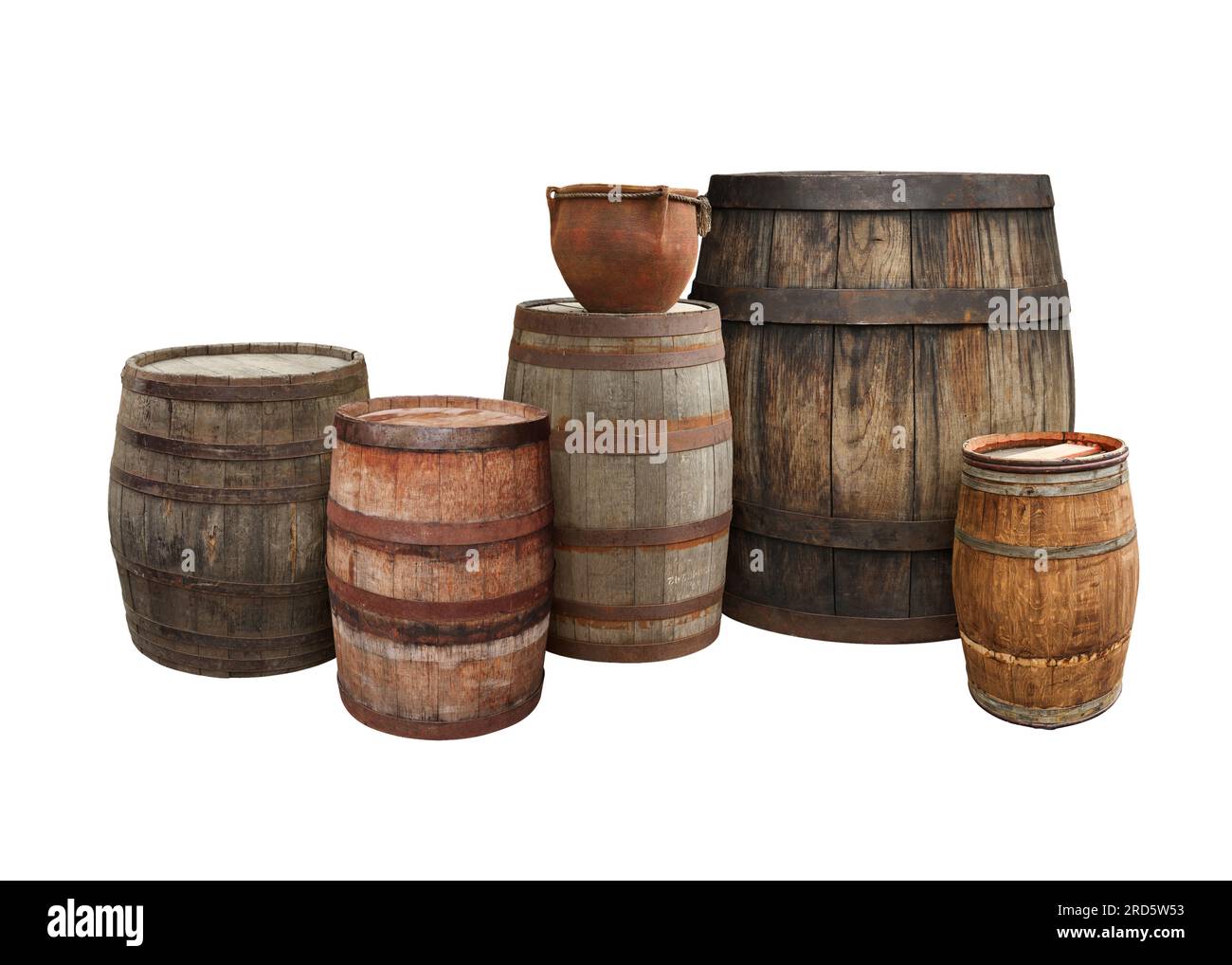 Many different wooden barrels and clay pot on white background Stock ...