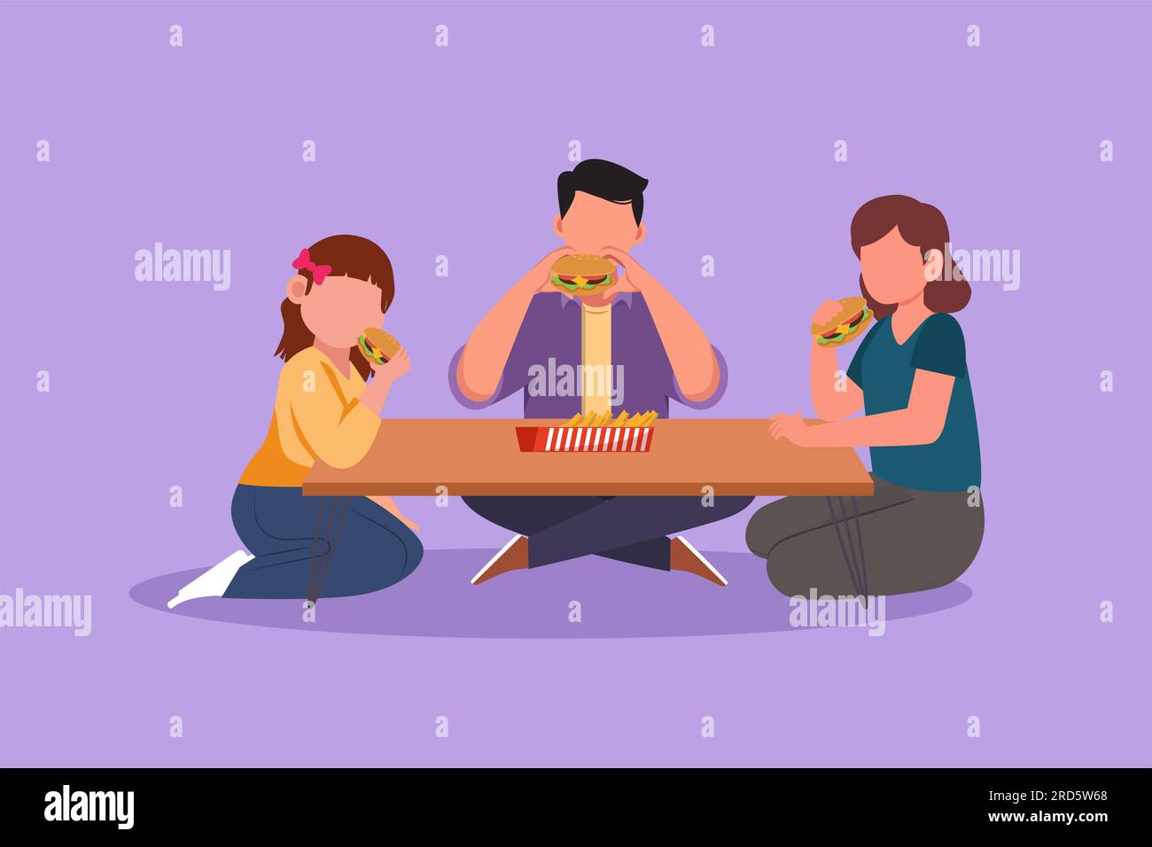 Character flat drawing happy family with child eating hamburgers while ...