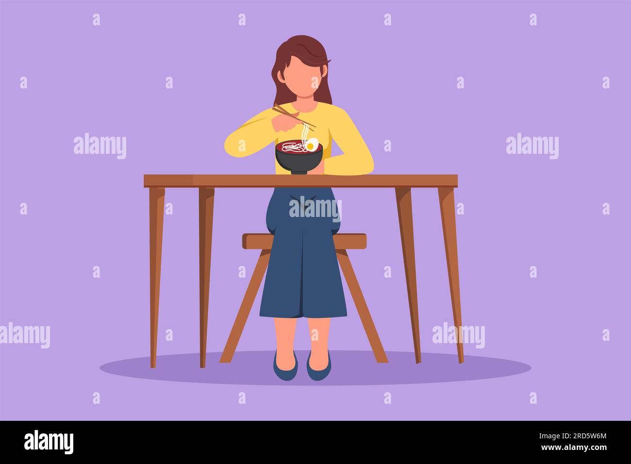 Cartoon flat style drawing beautiful girl enjoying her ramen noodle ...