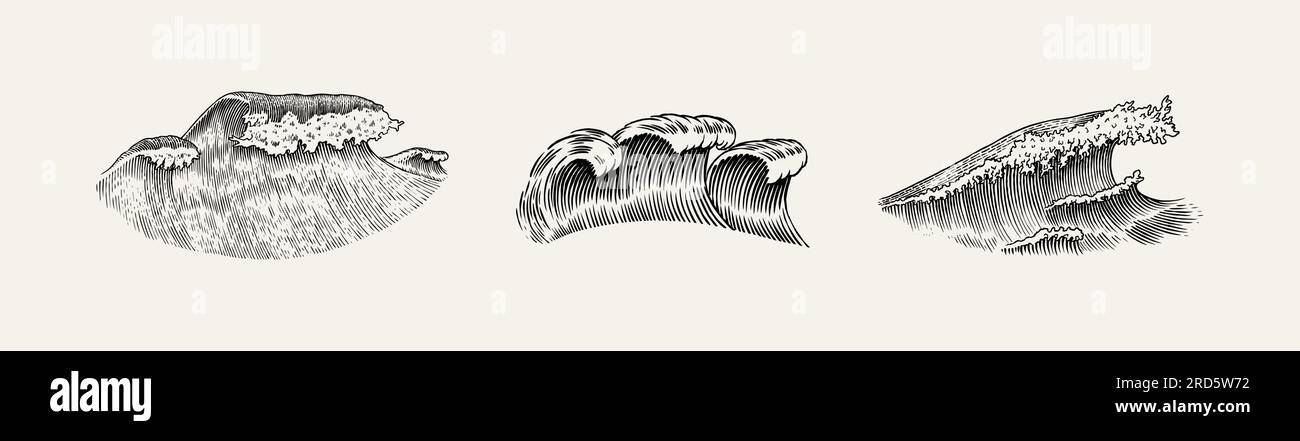 Atlantic tidal waves. Vintage old engraved hand drawn labels. Marine ...