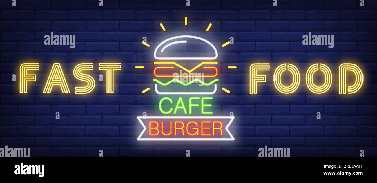 Fast food, cafe burger neon text with hamburger Stock Vector Image ...