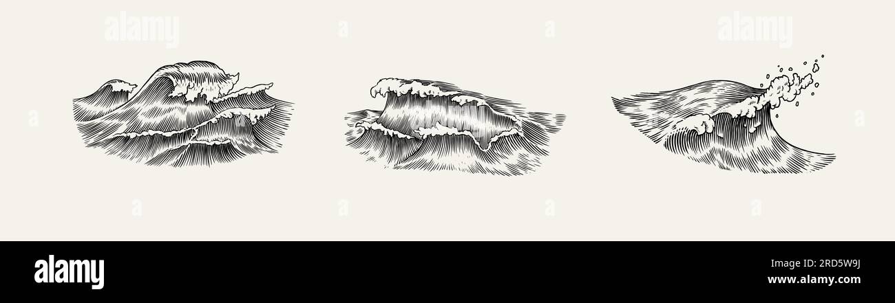 Atlantic tidal waves. Vintage old engraved hand drawn labels. Marine ...