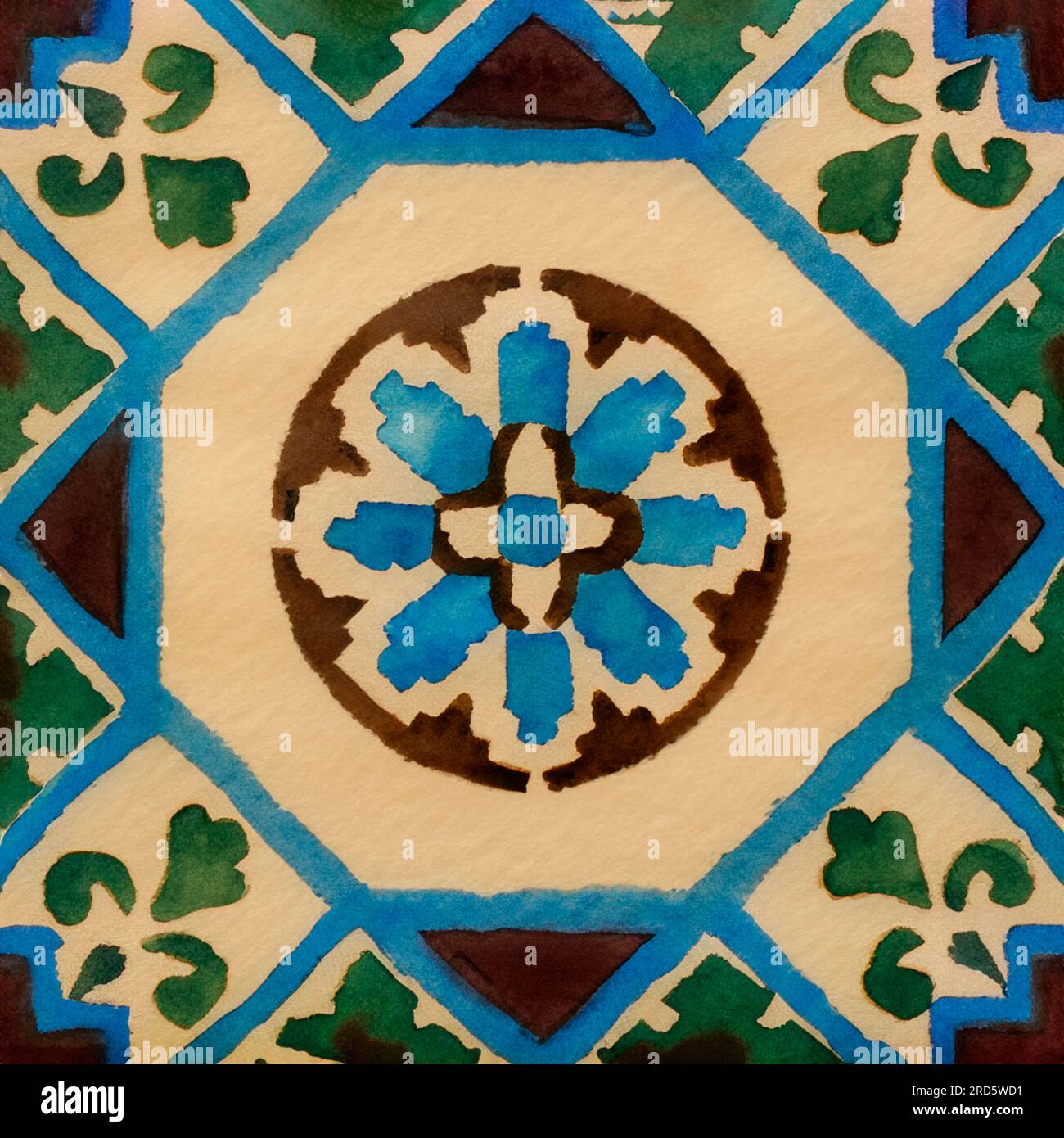 Watercolor illustration of portuguese ceramic tiles pattern. Single ...