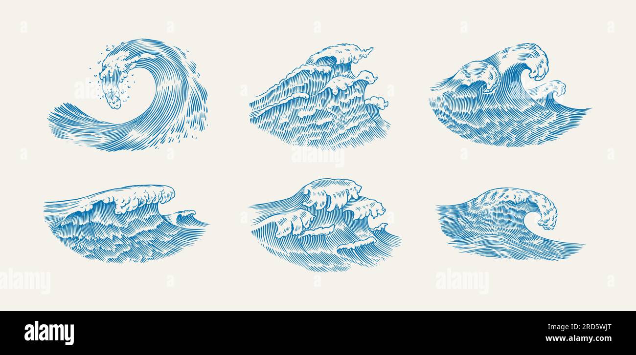 Atlantic tidal waves. Vintage old engraved hand drawn labels. Marine ...