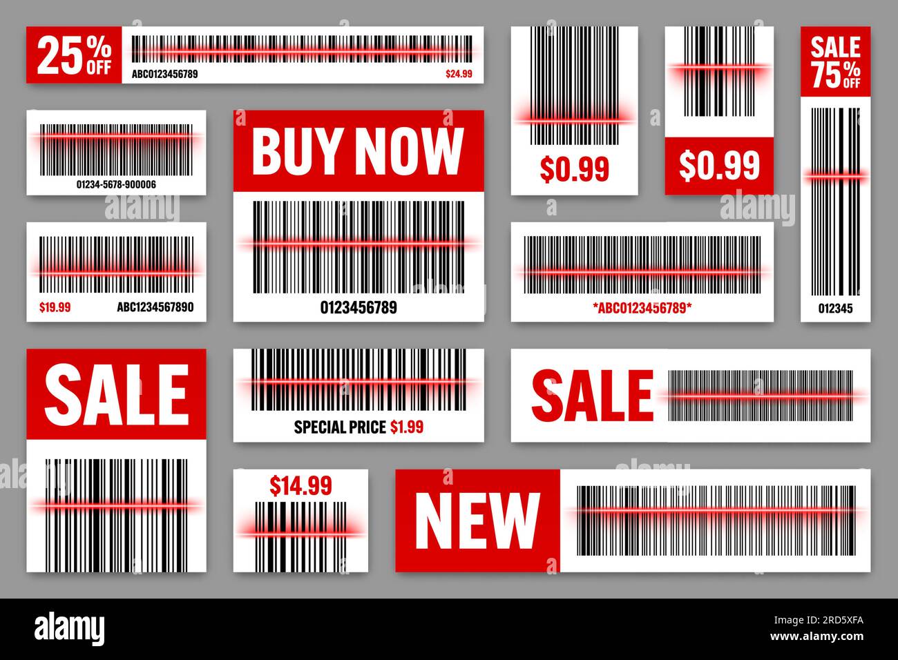 Set of product barcodes with red scanning line. Sale stickers, discount ...